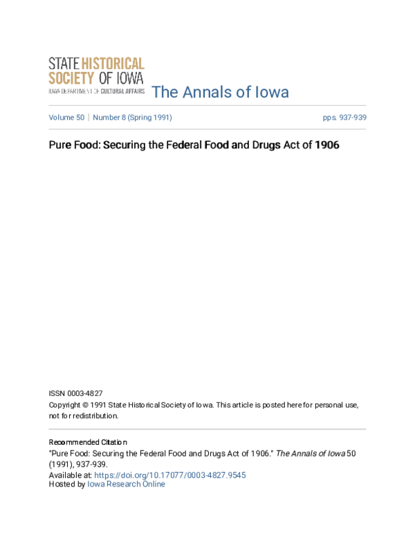(PDF) Pure Food: Securing the Federal Food and Drugs Act of 1906