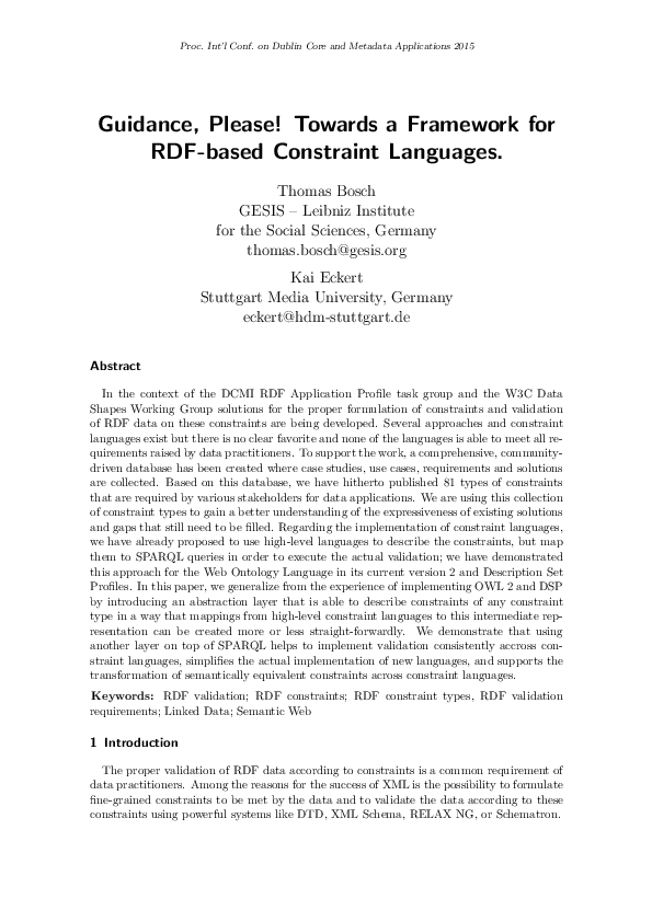 (PDF) Guidance, Please! Towards a Framework for RDF-Based Constraint Languages | Kai Eckert ...