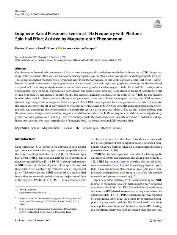 (PDF) Graphene-Based Plasmonic Sensor at THz Frequency with Photonic ...