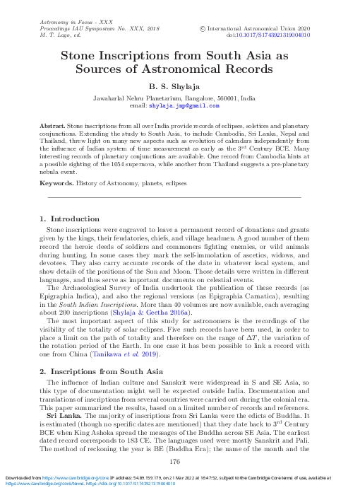 (PDF) Stone Inscriptions from South Asia as Sources of Astronomical Records