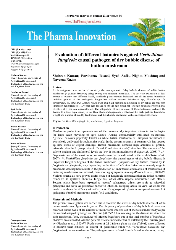 (PDF) Evaluation of different botanicals against Verticillium fungicola ...