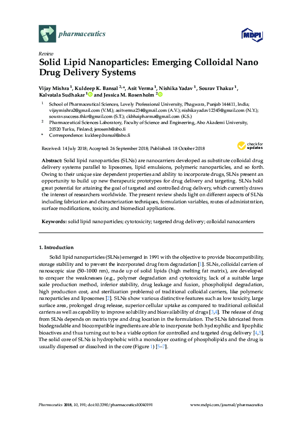 (PDF) Solid Lipid Nanoparticles: Emerging Colloidal Nano Drug Delivery ...