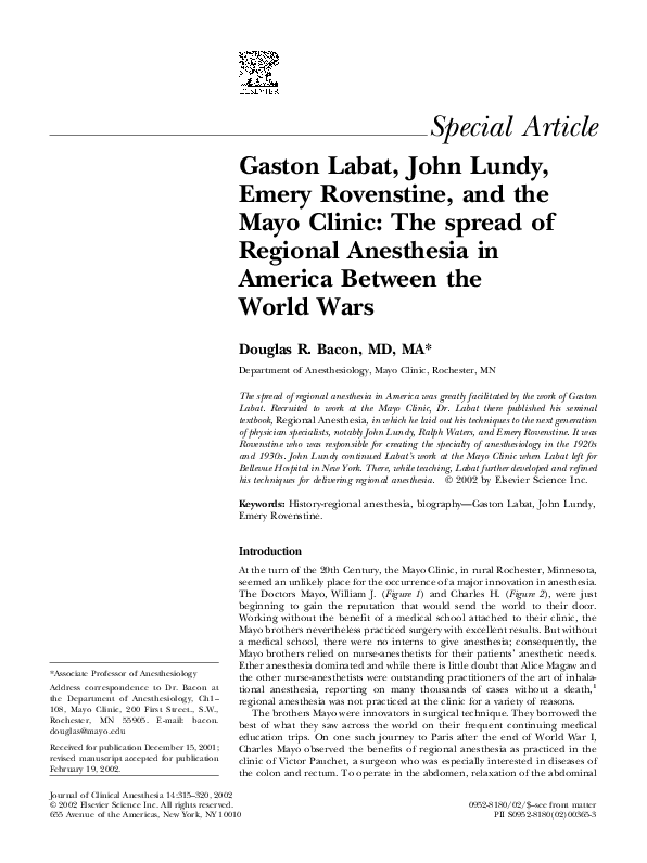 (PDF) Gaston Labat, John Lundy, Emery Rovenstine, and the Mayo Clinic ...