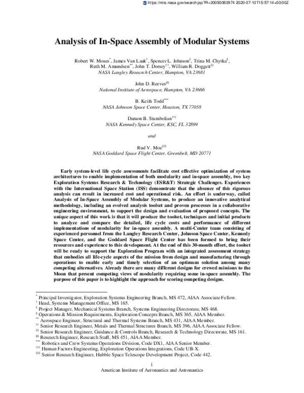 (PDF) Analysis of in-space assembly of modular systems