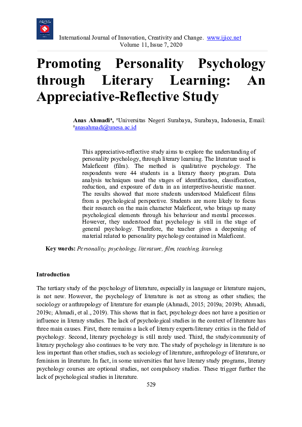 (PDF) Promoting Personality Psychology through Literary Learning: An ...