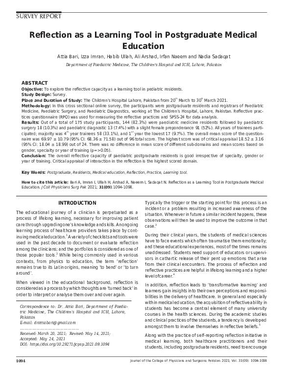 (PDF) Reflection as a Learning Tool in Postgraduate Medical Education