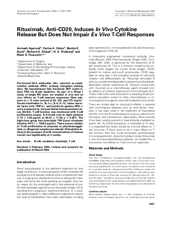 (PDF) Rituximab, Anti-CD20, Induces In Vivo Cytokine Release But Does ...