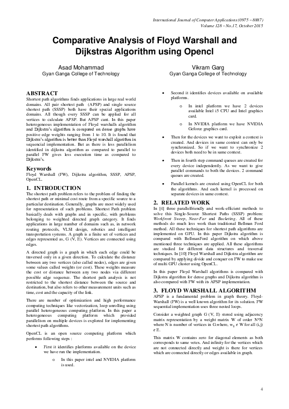 Pdf Comparative Analysis Of Floyd Warshall And Dijkstras Algorithm Using Opencl