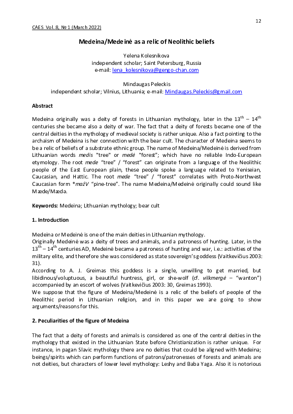 (PDF) Medeina/Medeinė as a relic of Neolithic beliefs