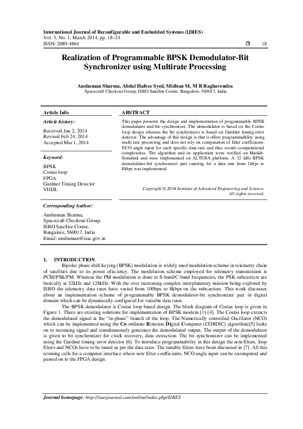 Pdf Realization Of Programmable Bpsk Demodulator Bit Synchronizer Using Multirate Processing