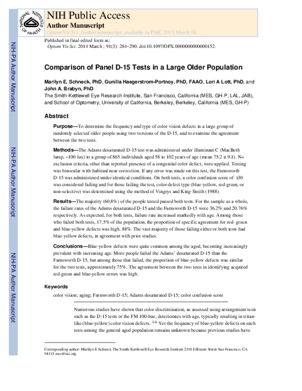 (PDF) Comparison of Panel D-15 Tests in a Large Older Population | John ...