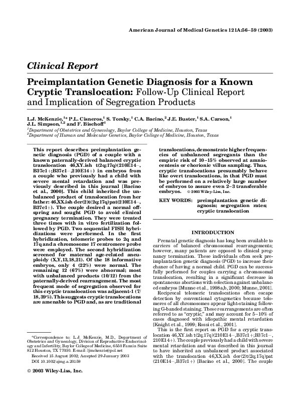(PDF) Preimplantation genetic diagnosis for a known cryptic ...