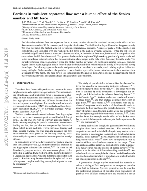 (PDF) Particles in turbulent separated flow over a bump: effect of the Stokes number and lift force