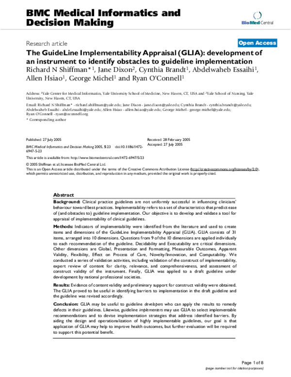 (PDF) The GuideLine Implementability Appraisal(GLIA): development of an instrument to identify ...