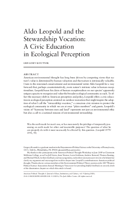 (PDF) Aldo Leopold and the Stewardship Vocation: A Civic Education in Ecological Perception