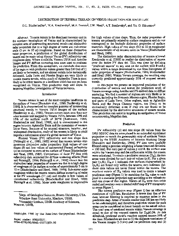 (PDF) Distribution of Tessera Terrain on Venus: Prediction for Magellan