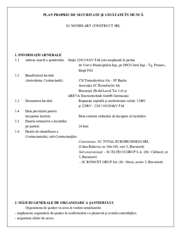 (DOC) PLAN PROPRIU DE SECURITATE ŞI SĂNĂTATE ÎN MUNCĂ SC MUNDI ART ...
