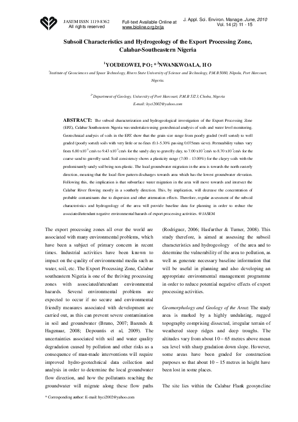 (PDF) Subsoil Characteristics and Hydrogeology of the Export Processing ...
