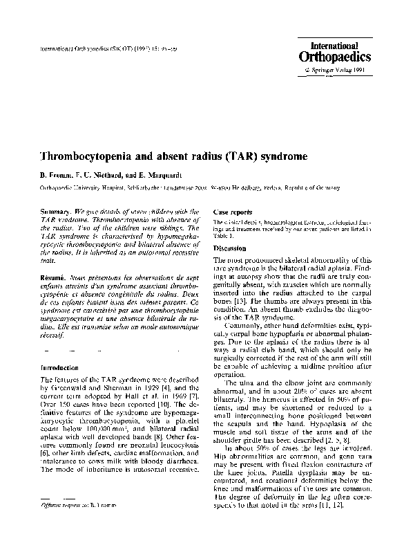 (PDF) Thrombocytopenia and absent radius (TAR) syndrome