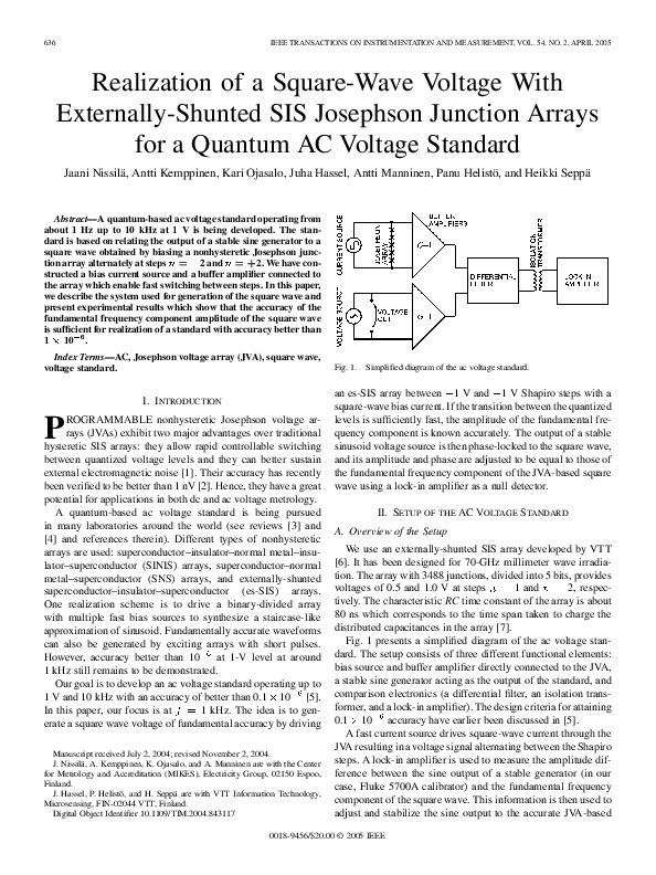 (PDF) Realization of a square-wave voltage with externally-shunted SIS Josephson junction arrays ...