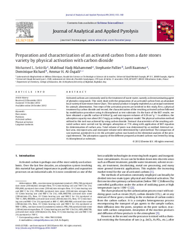 (PDF) Preparation and characterization of an activated carbon from a date stones variety by ...