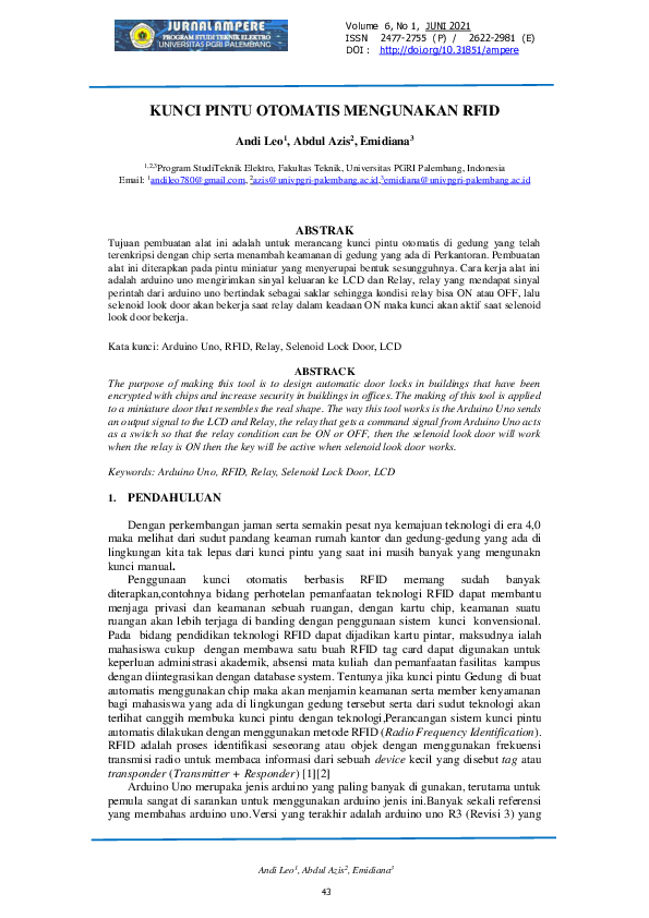 (PDF) Perancangan Sistem Kunci Pintu Otomatis Mengunakan Rfid Arduino Uno