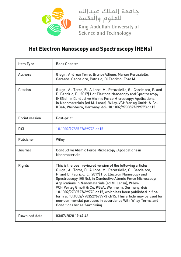 (PDF) Hot Electron Nanoscopy and Spectroscopy (HENs)
