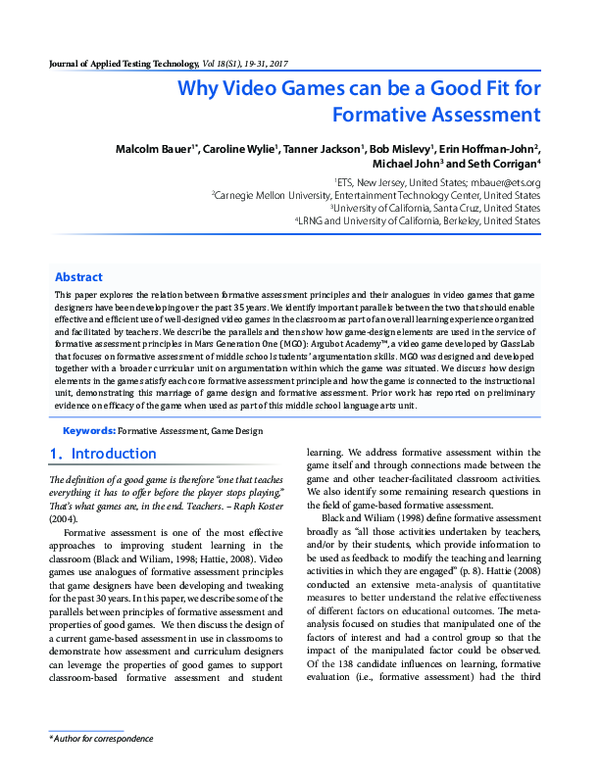 (PDF) Why Video Games can be a Good Fit for Formative Assessment