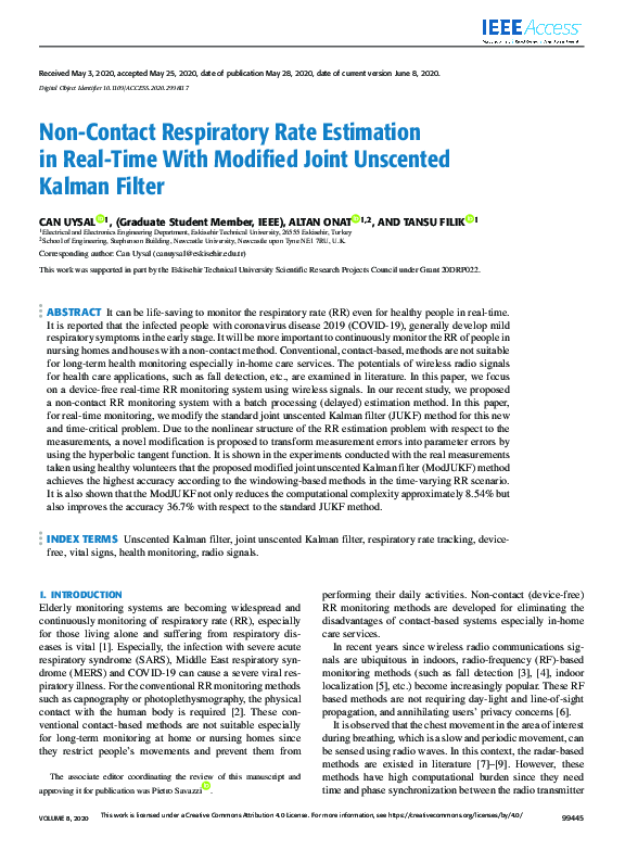 (PDF) Non-Contact Respiratory Rate Estimation in Real-Time With Modified Joint Unscented Kalman ...