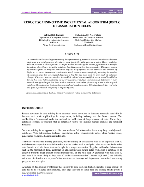 Pdf Reduce Scanning Time Incremental Algorithm Rstia Of Association Rules Iyad Aqra