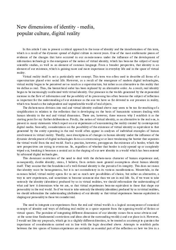 (DOC) New dimensions of identity -media, popular culture, digital reality