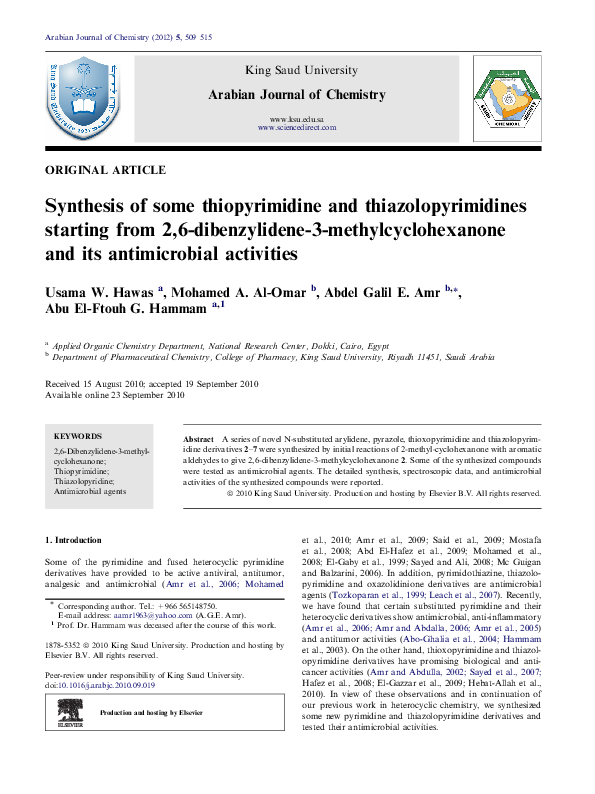 (PDF) Synthesis of some thiopyrimidine and thiazolopyrimidines starting ...