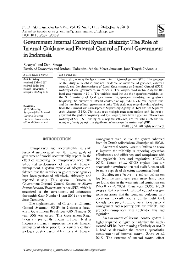 (PDF) Government Internal Control System Maturity: The Role of Internal Guidance and External ...