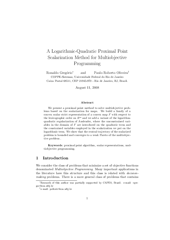 Pdf A Logarithmic Quadratic Proximal Point Scalarization Method For Multiobjective Programming