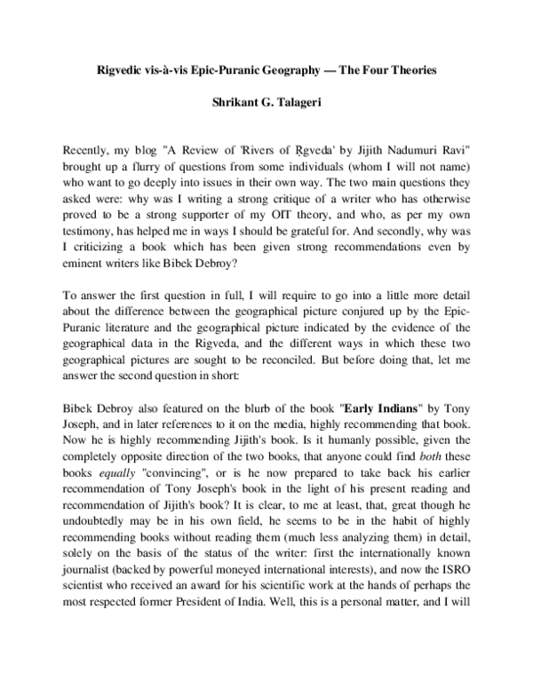 (PDF) Rigvedic vis-à-vis Epic-Puranic Geography -The Four Theories