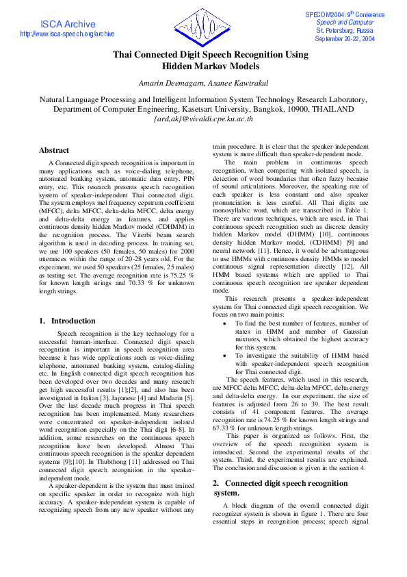 Pdf Thai Connected Digit Speech Recognition Using Hidden Markov Models