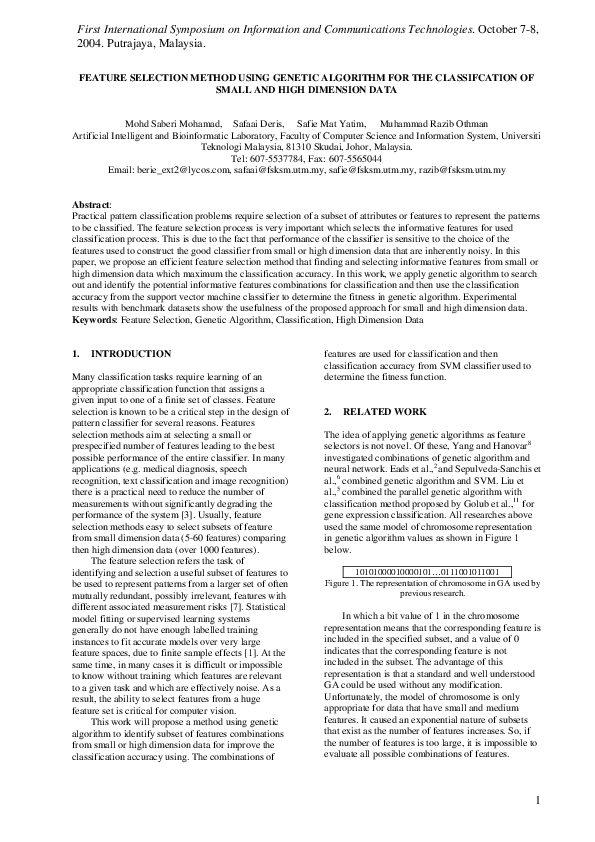 Pdf Feature Selection Method Using Genetic Algorithm For The Classifcation Of Small And High