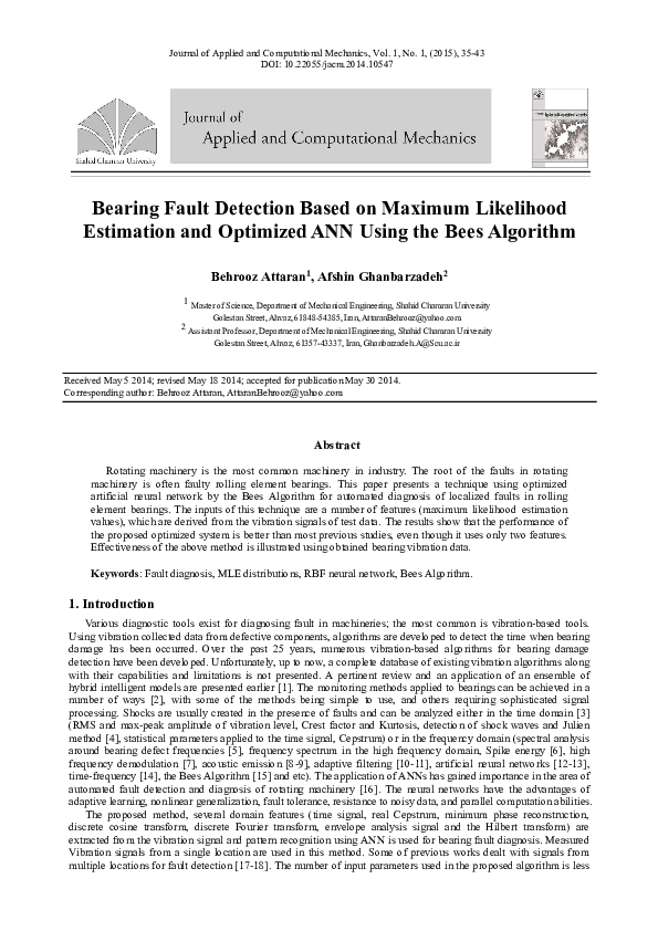 (PDF) Bearing Fault Detection Based on Maximum Likelihood Estimation and Optimized ANN Using the ...
