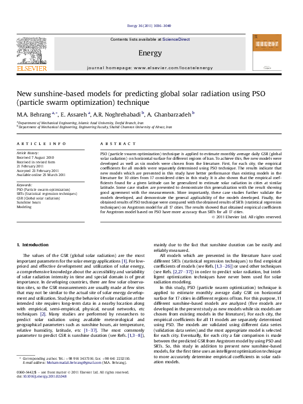 Pdf New Sunshine Based Models For Predicting Global Solar Radiation Using Pso Particle Swarm