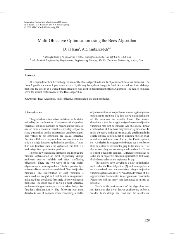 Pdf Multi Objective Optimisation Using The Bees Algorithm