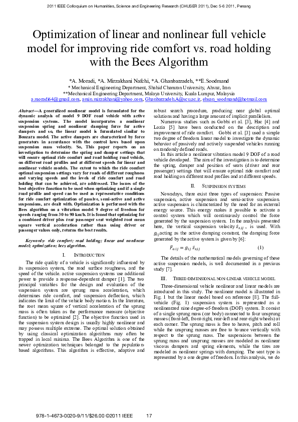 Pdf Optimization Of Linear And Nonlinear Full Vehicle Model For Improving Ride Comfort Vs