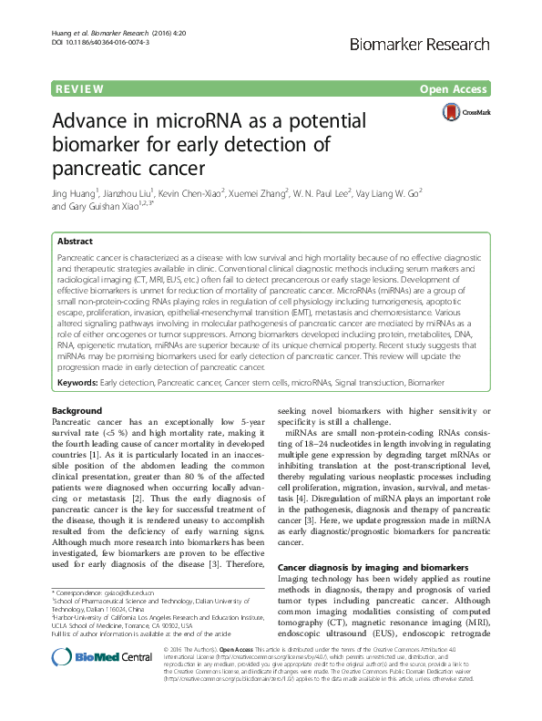 (PDF) MicroRNA: A Promising Biomarker for Early Pancreatic Cancer Detection