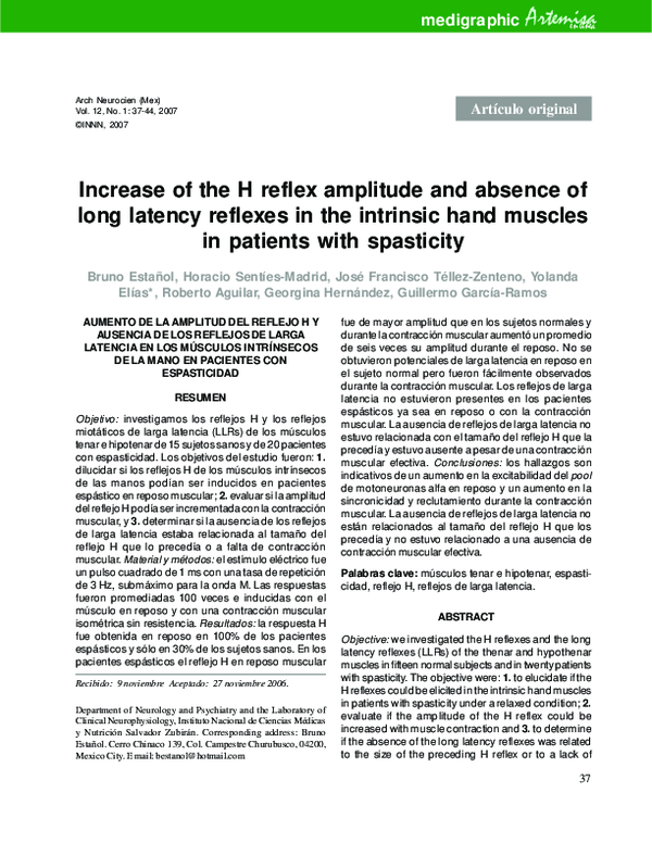 (PDF) P07.5 Increase of the H reflex amplitude and absence of long latency reflexes in the ...
