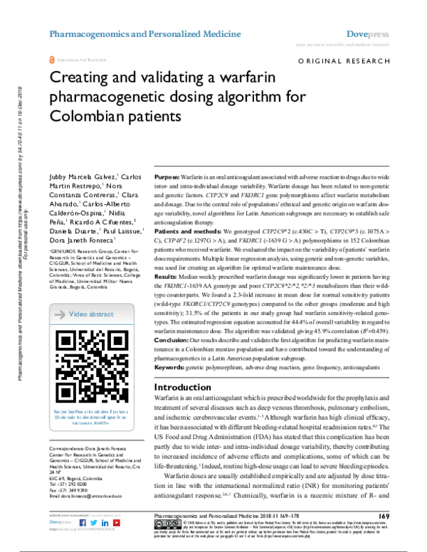 (PDF) Creating and validating a warfarin pharmacogenetic dosing algorithm for Colombian patients