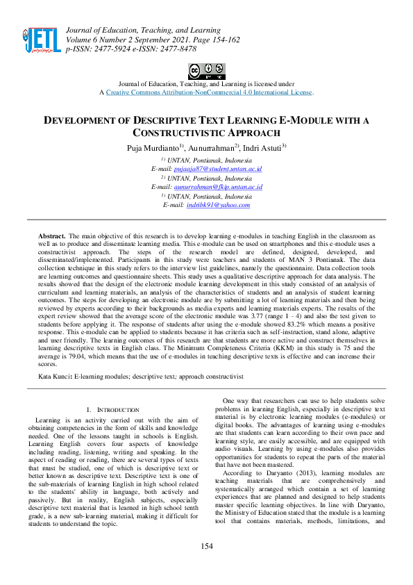 (PDF) Development of Descriptive Text Learning E-Module with a ...