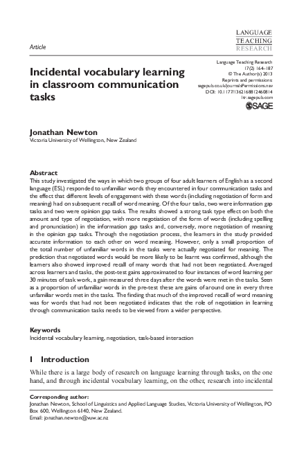 (PDF) Incidental vocabulary learning in classroom communication tasks