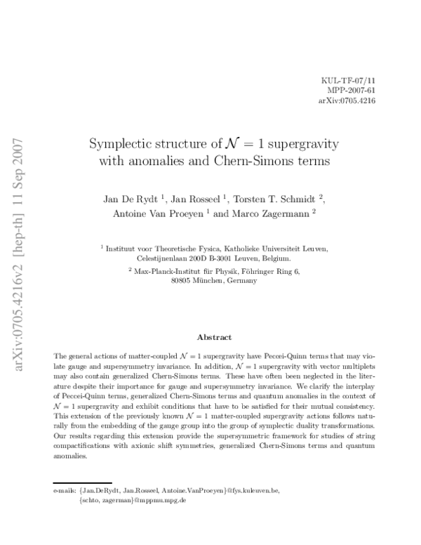 (PDF) Symplectic structure of N=1 supergravity with anomalies and Chern ... (PDF) Symplectic structure of N=1 supergravity with anomalies and Chern ...