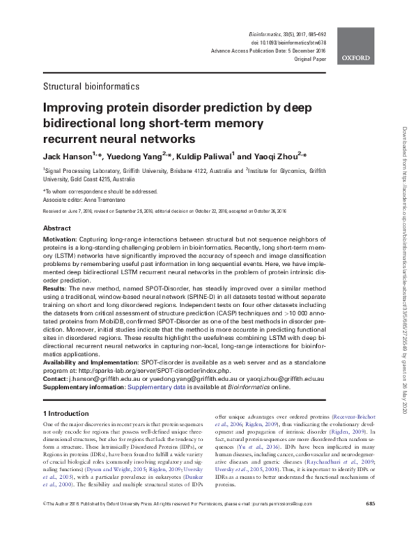 (PDF) Improving protein disorder prediction by deep bidirectional long short-term memory ...