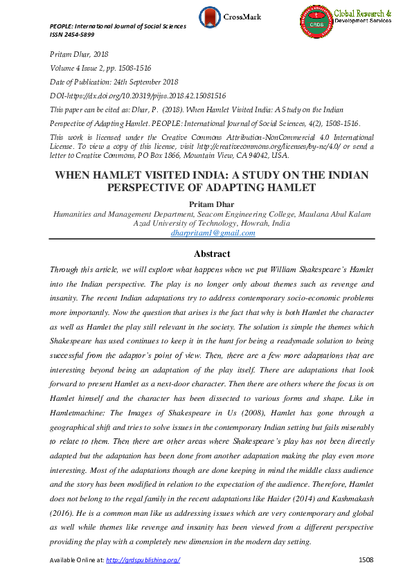 (PDF) When Hamlet Visited India: A Study on the Indian Perspective of ...
