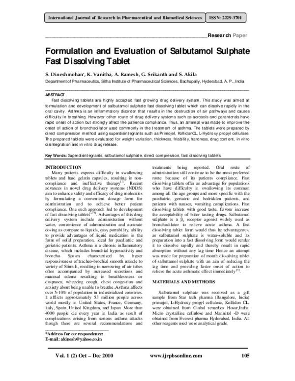 Pdf Formulation And Evaluation Of Salbutamol Sulphate Fast Dissolving Tablet